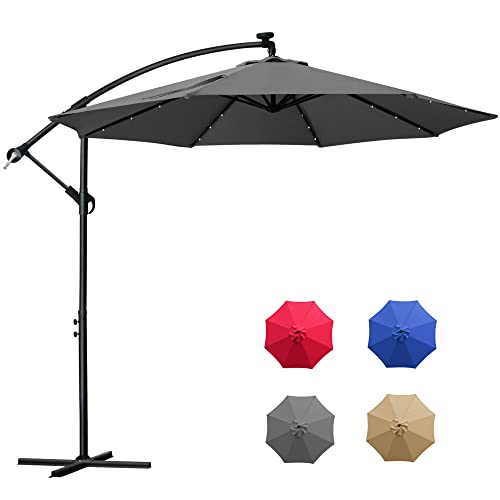 Sunnyglade 10Ft Solar LED Outdoor Adjustable Offset Cantilever Hanging Patio Umbrella with Cross Base for Backyard, Garden, Lawn and Garden