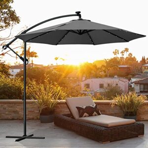 Sunnyglade 10Ft Solar LED Outdoor Adjustable Offset Cantilever Hanging Patio Umbrella with Cross Base for Backyard, Garden, Lawn and Garden