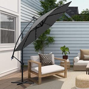 Sunnyglade 10Ft Solar LED Outdoor Adjustable Offset Cantilever Hanging Patio Umbrella with Cross Base for Backyard, Garden, Lawn and Garden