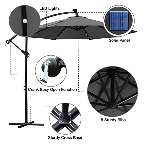 Sunnyglade 10Ft Solar LED Outdoor Adjustable Offset Cantilever Hanging Patio Umbrella with Cross Base for Backyard, Garden, Lawn and Garden