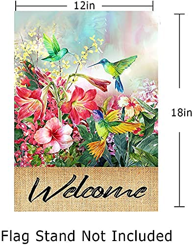 Hummingbird Garden Flag Spring Hibiscus Flower Summer Garden Flags 12x18 Double Sided Welcome Flag Home Outdoor Patio Yard Lawn Decor