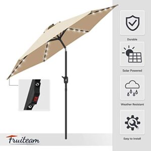 FRUITEAM Patio Umbrella with Solar Light, 7.5FT Table Umbrella Solar Powered Outdoor Umbrella with Easy Tilt and Crank for Garden, Deck, Backyard and Pool (Beige)