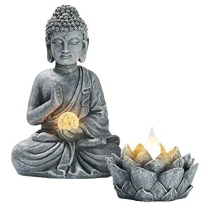 teresa’s collections meditating buddha statue and lotus lantern garden statue with solar lights, set of 2 rustic buddha outdoor statue spiritual zen garden decor for patio porch yard decorations