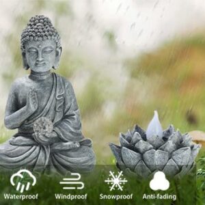 TERESA'S COLLECTIONS Meditating Buddha Statue and Lotus Lantern Garden Statue with Solar Lights, Set of 2 Rustic Buddha Outdoor Statue Spiritual Zen Garden Decor for Patio Porch Yard Decorations