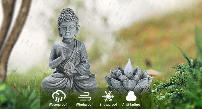 TERESA'S COLLECTIONS Meditating Buddha Statue and Lotus Lantern Garden Statue with Solar Lights, Set of 2 Rustic Buddha Outdoor Statue Spiritual Zen Garden Decor for Patio Porch Yard Decorations