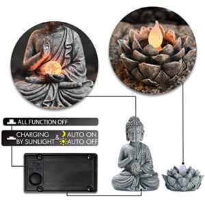 TERESA'S COLLECTIONS Meditating Buddha Statue and Lotus Lantern Garden Statue with Solar Lights, Set of 2 Rustic Buddha Outdoor Statue Spiritual Zen Garden Decor for Patio Porch Yard Decorations