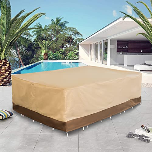 Vanteriam Rectangular Patio Furniture Cover Waterproof, Outdoor Furniture Dining Table and Chair Set Cover, Durable & Fade Resistant Patio Table Covers Size 111Lx 74.5Wx 29.5H inches Beige & Brown