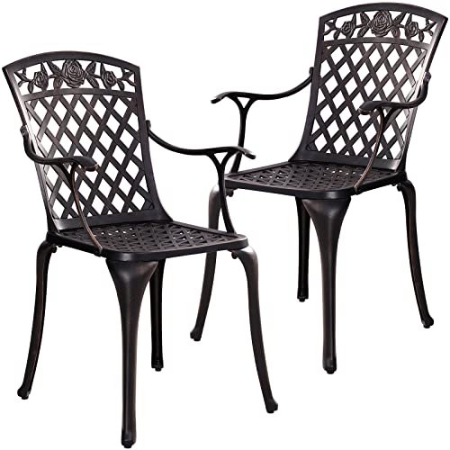 Withniture Cast Aluminum Patio Chairs Set of 2, Patio Bistro Dining Chairs Set with Large Back, All Weather Metal Outdoor Chairs for Garden Deck Backyard, Lattice Weave Design