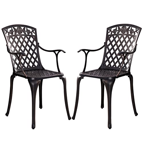 Withniture Cast Aluminum Patio Chairs Set of 2, Patio Bistro Dining Chairs Set with Large Back, All Weather Metal Outdoor Chairs for Garden Deck Backyard, Lattice Weave Design