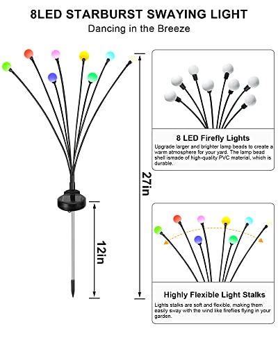 Solar Garden Lights, 8 Pack 64 LED New Upgraded Solar Firefly Lights Outdoor Waterproof, High Flexibility Starburst Swaying Solar Lights, Solar Garden Outdoor Lights for Yard Patio Pathway, Multicolor