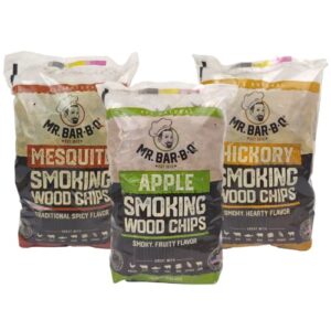 mr. bar-b-q hardwood smoking chips variety pack | 3 different flavors | experience all the flavors of smoked food | apple, hickory and mesquite smoking chips | 3 x 1.6 pound bags