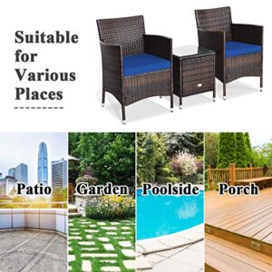 Tangkula Patio Furniture Set 3 Piece, Outdoor Wicker Rattan Conversation Set with Coffee Table, Chairs & Thick Cushions, Suitable for Patio Garden Lawn Backyard Pool (Navy)