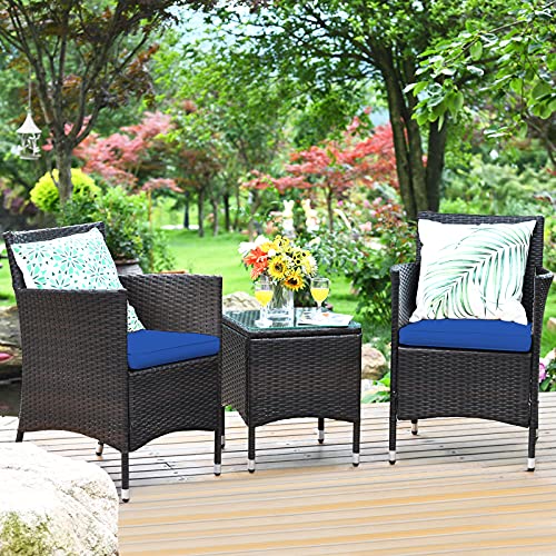 Tangkula Patio Furniture Set 3 Piece, Outdoor Wicker Rattan Conversation Set with Coffee Table, Chairs & Thick Cushions, Suitable for Patio Garden Lawn Backyard Pool (Navy)