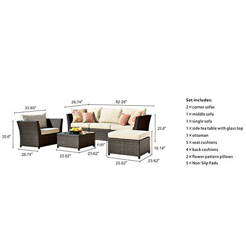 Allwex Patio Furniture Set,Outdoor Furniture 6 Pcs Sets,PE Rattan Wicker sectional with 2 Pillows and 1 Patio Furniture Covers, No Assembly Required,Brown (6 Piece, Beige) (6 pcs, Begie)