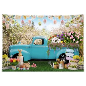 zthmoe 7x5ft fabric spring easter photography backdrop blue truck colorful eggs flowers rabbit background tulip floral forest photo tapestry booth props