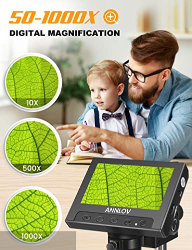 4.3 Inch Coin Microscope,ANNLOV 50X-1000X Magnification LCD Digital Microscope with 8 Adjustable LED Lights for Kids and Adults for Coin/Stamps/Plants/Soldering