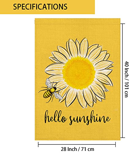 Yameeta Hello Sunshine Yellow House Flag 28x40 Inch Spring Summer Sunflower Bee Vertical Double Sided Burlap Large Outdoor Flags for Garden Yard Lawn Home Seasonal Quotes Holiday Farmhouse Decoration