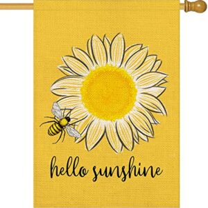 Yameeta Hello Sunshine Yellow House Flag 28x40 Inch Spring Summer Sunflower Bee Vertical Double Sided Burlap Large Outdoor Flags for Garden Yard Lawn Home Seasonal Quotes Holiday Farmhouse Decoration