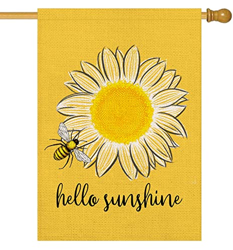 Yameeta Hello Sunshine Yellow House Flag 28x40 Inch Spring Summer Sunflower Bee Vertical Double Sided Burlap Large Outdoor Flags for Garden Yard Lawn Home Seasonal Quotes Holiday Farmhouse Decoration