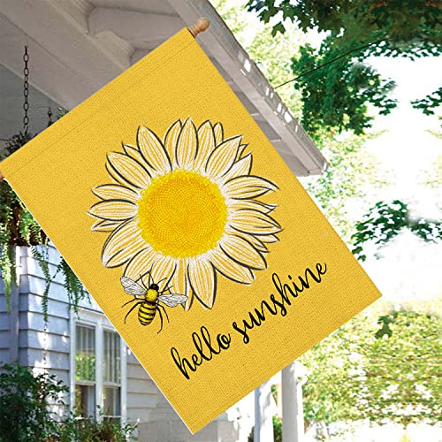 Yameeta Hello Sunshine Yellow House Flag 28x40 Inch Spring Summer Sunflower Bee Vertical Double Sided Burlap Large Outdoor Flags for Garden Yard Lawn Home Seasonal Quotes Holiday Farmhouse Decoration