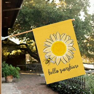 Yameeta Hello Sunshine Yellow House Flag 28x40 Inch Spring Summer Sunflower Bee Vertical Double Sided Burlap Large Outdoor Flags for Garden Yard Lawn Home Seasonal Quotes Holiday Farmhouse Decoration