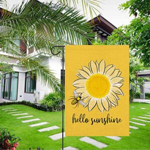 Yameeta Hello Sunshine Yellow House Flag 28x40 Inch Spring Summer Sunflower Bee Vertical Double Sided Burlap Large Outdoor Flags for Garden Yard Lawn Home Seasonal Quotes Holiday Farmhouse Decoration