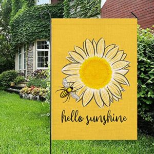 Yameeta Hello Sunshine Yellow House Flag 28x40 Inch Spring Summer Sunflower Bee Vertical Double Sided Burlap Large Outdoor Flags for Garden Yard Lawn Home Seasonal Quotes Holiday Farmhouse Decoration