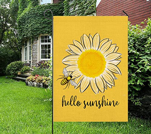 Yameeta Hello Sunshine Yellow House Flag 28x40 Inch Spring Summer Sunflower Bee Vertical Double Sided Burlap Large Outdoor Flags for Garden Yard Lawn Home Seasonal Quotes Holiday Farmhouse Decoration