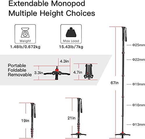 Manbily Extendable Camera Aluminum Monopod with Feet,Portable Travel Monopod with Removable Tripod Stand Base for DSLR Canon Nikon Sony Video Camcorder,5 Sections up to 67-in,Max Load 15.5 Lbs（A-222）