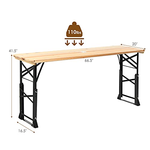 Goplus Folding Picnic Beer Table, Outdoor Camping Table with Umbrella Hole, Adjustable Heights and Wood Top, Portable Picnic Table for Patio Garden Party Backyard, No Assembly