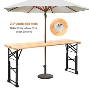 Goplus Folding Picnic Beer Table, Outdoor Camping Table with Umbrella Hole, Adjustable Heights and Wood Top, Portable Picnic Table for Patio Garden Party Backyard, No Assembly