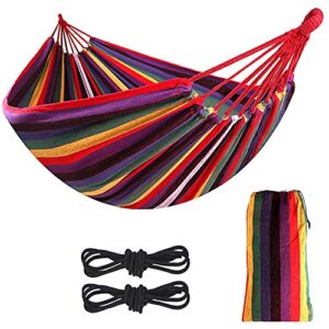 garden hammocks comfortable fabric hammock portable with carrying bag for outdoor patio yard backyard, beach, camping travel, load capacity up to 550 lbs canvas cotton hammocks (rainbow)