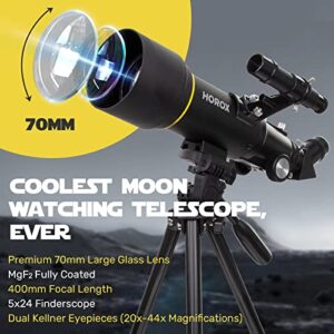 Telescope for Adults & Kids, HOROX 70mm Aperture 400mm Refractor Telescope for Astronomy Beginners, Fully Multi Coated Optics w. Pro Tripod & Phone Adapter, Portable Telescopes Backpack,Cool Tech Gift