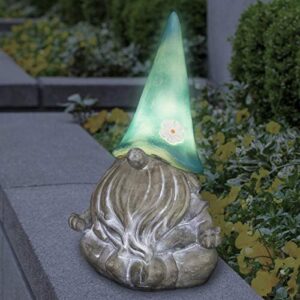 Exhart Garden Sculpture, Meditating Yoga Solar Garden Gnome Statue, LED Flower Hat, Outdoor Garden Decoration, 7 x 11.5 Inch, Teal