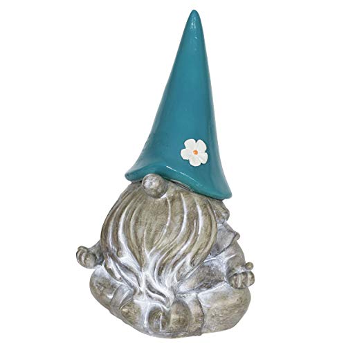 Exhart Garden Sculpture, Meditating Yoga Solar Garden Gnome Statue, LED Flower Hat, Outdoor Garden Decoration, 7 x 11.5 Inch, Teal