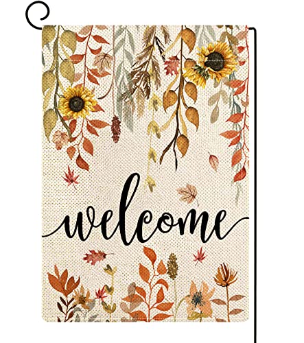 ORTIGIA Welcome Fall Maple Leaves Garden Flag Blurap Vertical Double Sided 12x18inch Autumn Sunflowers Small Garden Flag for Outside Fall Thanksgiving Farmhouse Seasonal Holiday Yard Décor