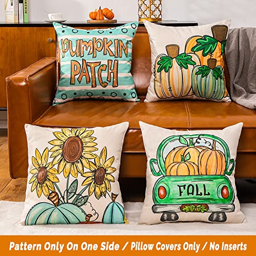 JOJOGOGO Fall Outdoor Pillow Covers 18x18 Waterproof Set of 4 Sunflower Pumpkin Truck Autumn Seasonal Throw Pillow Covers for Sofa Couch Porch and Patio Furniture