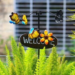 decorative honey bees metal wind spinners for yard and garden with welcome sign,lawn pathway decoration metal kinetic pinwheels windmill whirlygigs(bees)