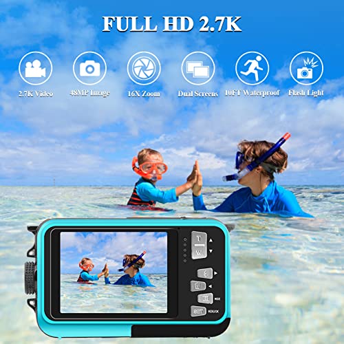 Waterproof Digital Camera Underwater Camera Full HD 2.7K 48 MP Video Recorder Selfie Dual Screens 16X Digital Zoom Flashlight Waterproof Camera for Snorkeling (DV806)…