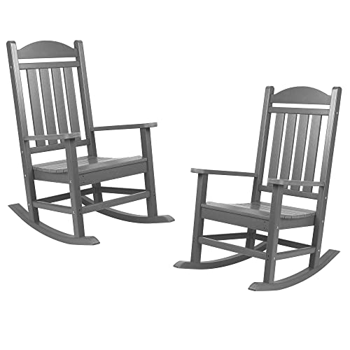 Xilingol Patio Rocking Chair Set of 2, Poly Lumber Porch Rocker with High Back, 400Lbs Support Rocking Chairs for Outdoor Garden Lawn, 2 Grey