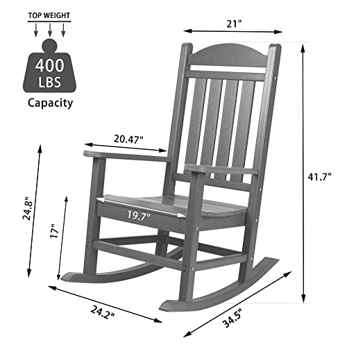 Xilingol Patio Rocking Chair Set of 2, Poly Lumber Porch Rocker with High Back, 400Lbs Support Rocking Chairs for Outdoor Garden Lawn, 2 Grey