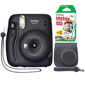 fujifilm instax mini 11 instant camera charcoal gray + minimate custom case + fuji instax film 20 sheets twin pack