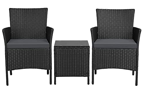 Yaheetech 3 Pieces Patio Porch Furniture Sets Outdoor Garden Furniture Sets PE Rattan Wicker Chairs with Washable Cushion & Tempered Glass Tabletop Grey Cushion