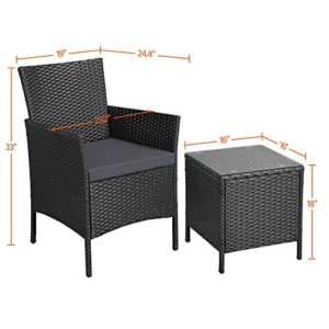 Yaheetech 3 Pieces Patio Porch Furniture Sets Outdoor Garden Furniture Sets PE Rattan Wicker Chairs with Washable Cushion & Tempered Glass Tabletop Grey Cushion