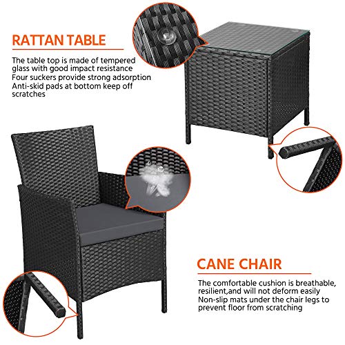 Yaheetech 3 Pieces Patio Porch Furniture Sets Outdoor Garden Furniture Sets PE Rattan Wicker Chairs with Washable Cushion & Tempered Glass Tabletop Grey Cushion