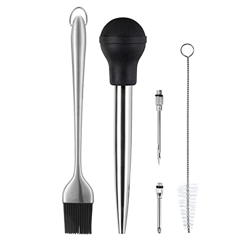 Kaycrown Stainless Steel Turkey Baster With BBQ/Grill Basting Brush, Commercial Grade Quality Rubber Bulb Including 2 Flavor Needles And Cleaning Brush For Easy Clean Up