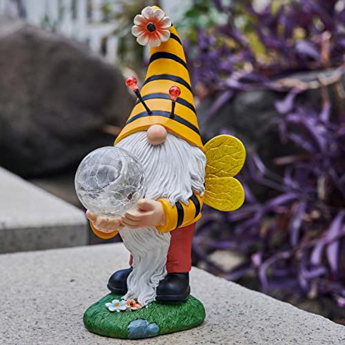 ORIGARDEN Garden Gnome Spring Yellow Decor - Bee Decor Ornament Summer Gnomes Outdoor Funny Solar Statue Waterproof Honey Bumble Bee Gnome as Patio Decorations