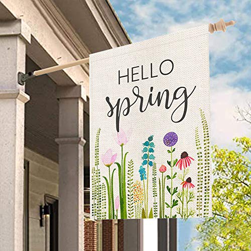 CROWNED BEAUTY Hello Spring Floral House Flag 28×40 Inch Large Vertical Double Sided Seasonal Outside Yard Flag CF094-28