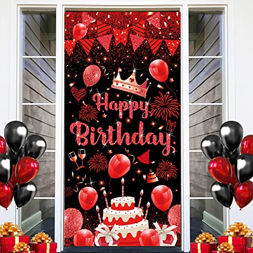 Red Birthday Party Banner Decorations, Red and Black Happy Birthday Door Cover Backdrop Glitter Crown Banner Sign for Kids Girls Women Men Birthday Photo Booth Background Front Door Supplies,73''X36''