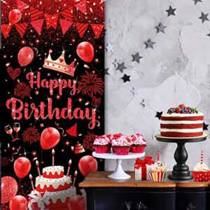 Red Birthday Party Banner Decorations, Red and Black Happy Birthday Door Cover Backdrop Glitter Crown Banner Sign for Kids Girls Women Men Birthday Photo Booth Background Front Door Supplies,73''X36''